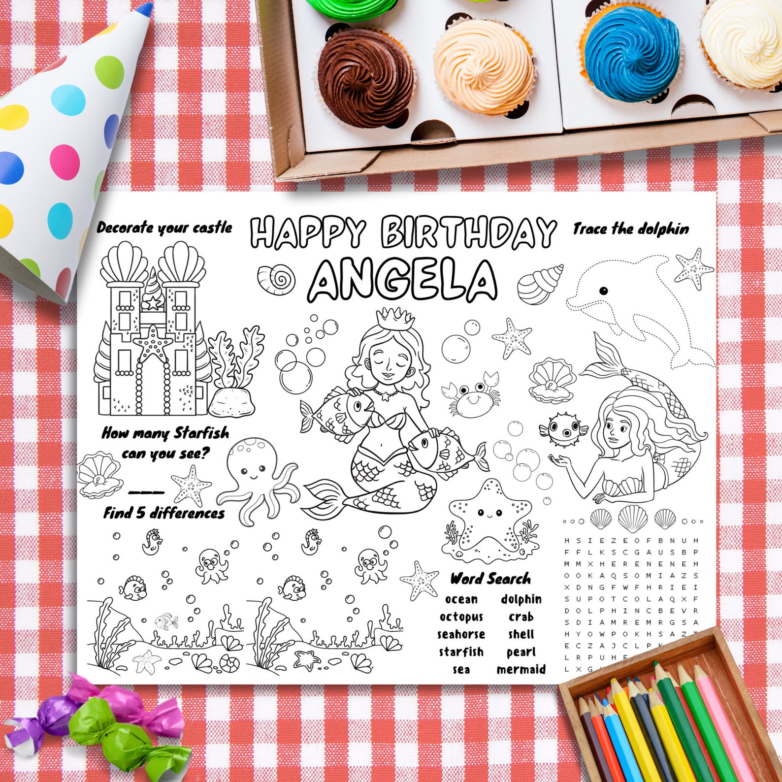 Editable Mermaid Birthday Coloring Placemat Party Games Children ...