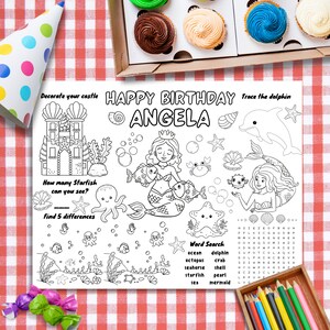 Editable Mermaid Birthday Coloring Placemat Party Games Children ...