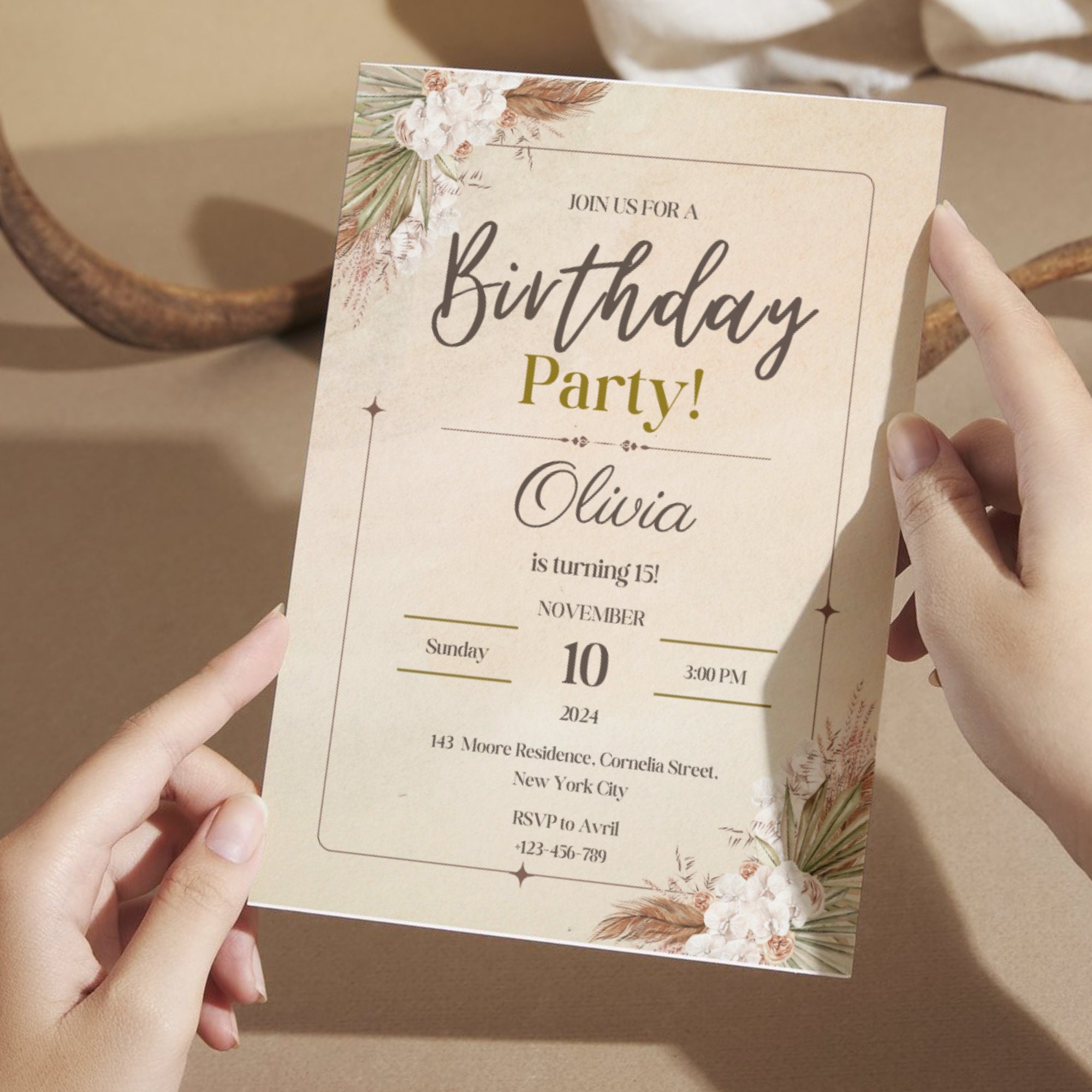 Boho Birthday Invitation for Bohemian Invite Printable Template Pampas ...