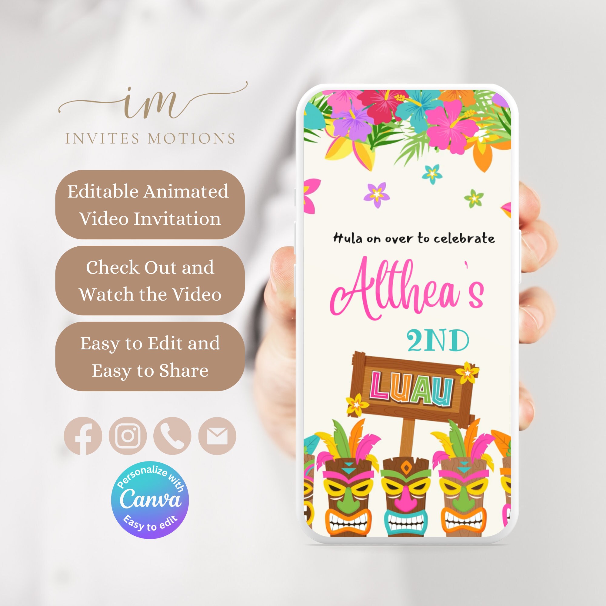 Luau Birthday Invitation Hawaiian Aloha Birthday Editable Party Evite Text Message Tropical ...