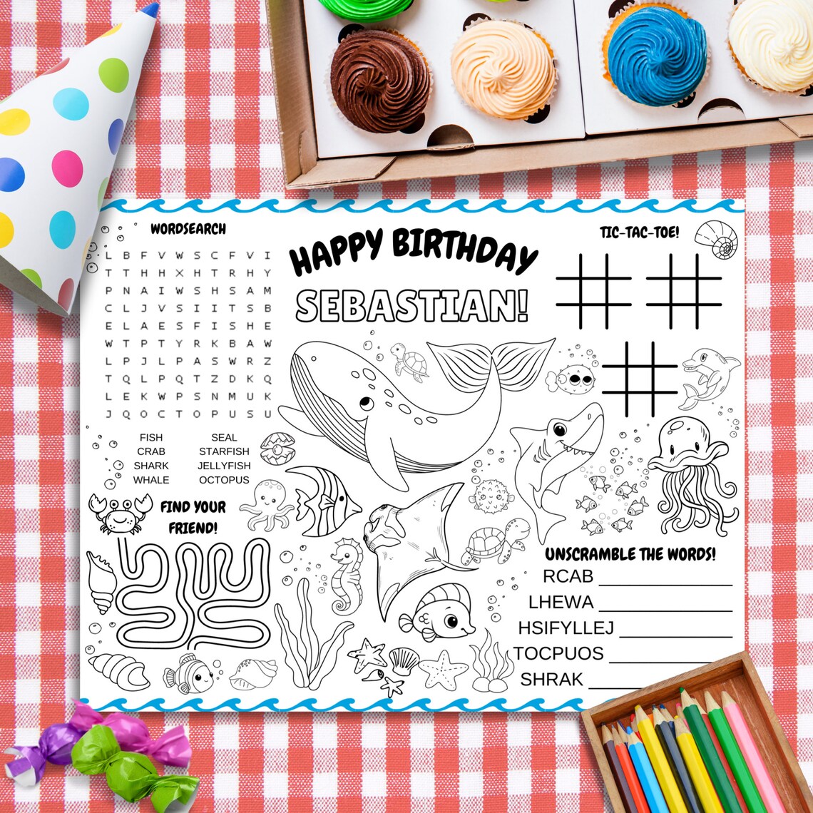 Under the Sea Coloring Placemat Party Children Activity Sea Creatures ...