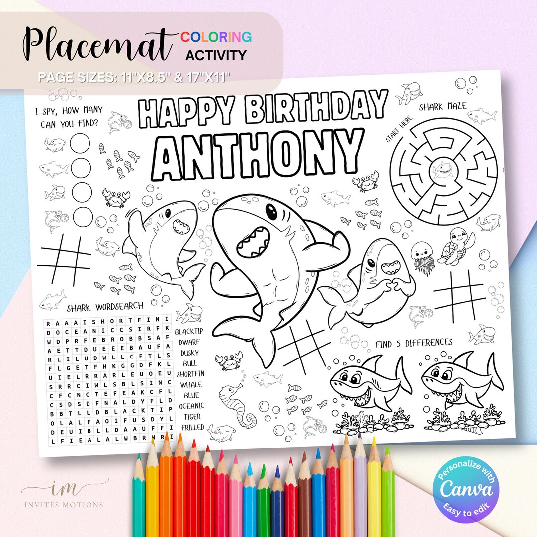 Editable Shark Birthday Coloring Placemat Party Games Children's ...