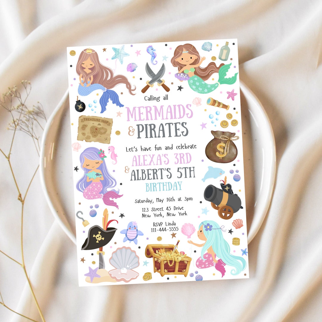 Mermaids and Pirates Birthday Invitation, Editable Sibling Mermaid and ...
