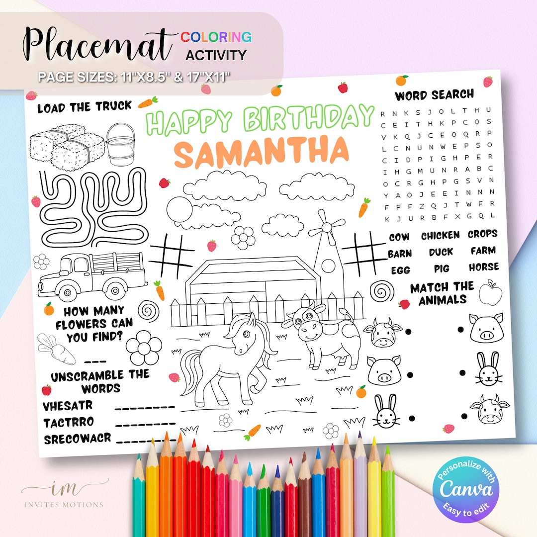 Farm Animals Birthday Coloring Placemat Party Games Children Activity ...