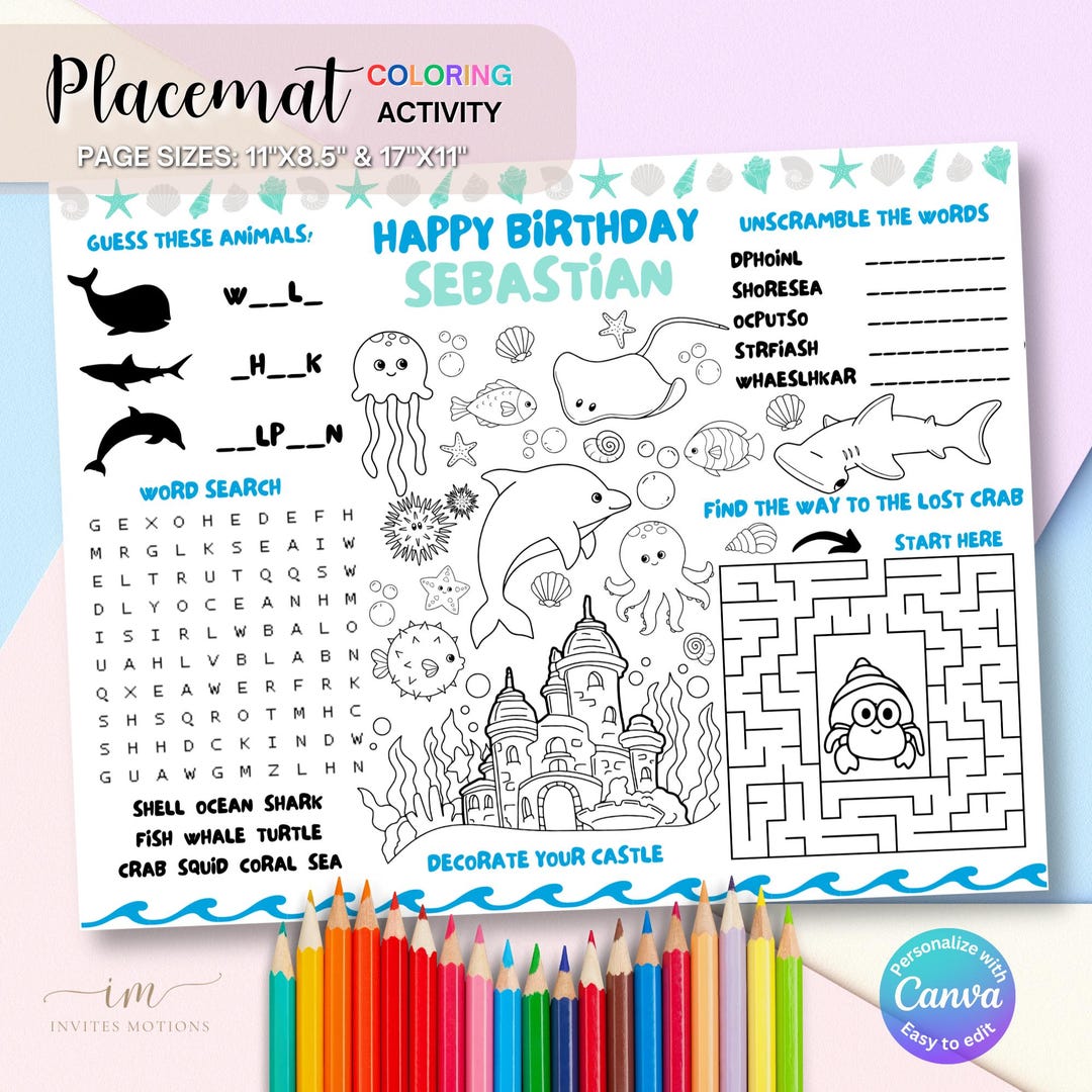 Under the Sea Coloring Page Placemat, Under the Sea Party Mat, Editable ...