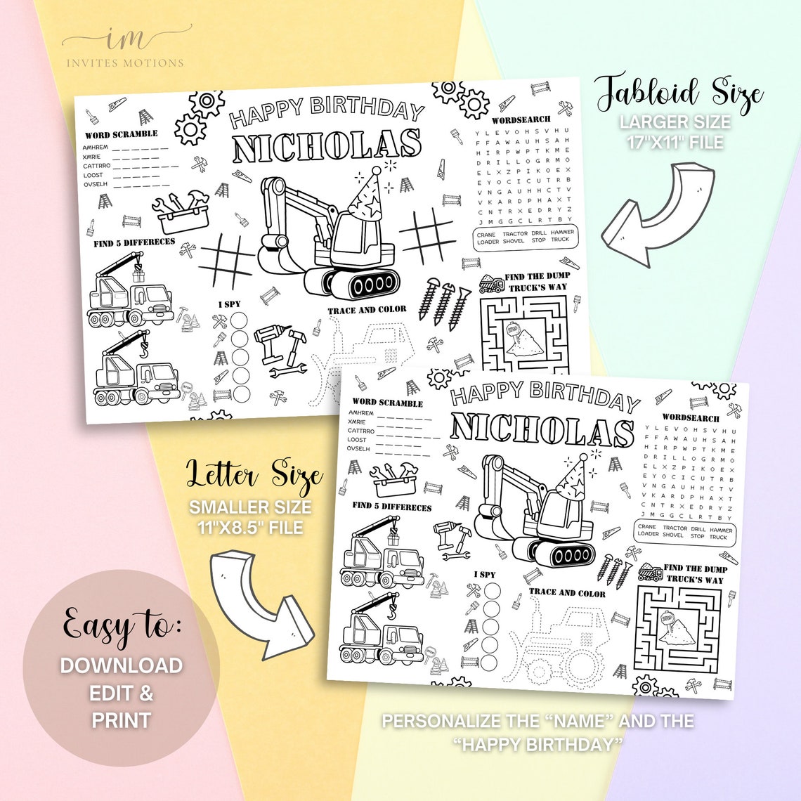 Editable Construction Birthday Coloring Placemat Party Games Children ...