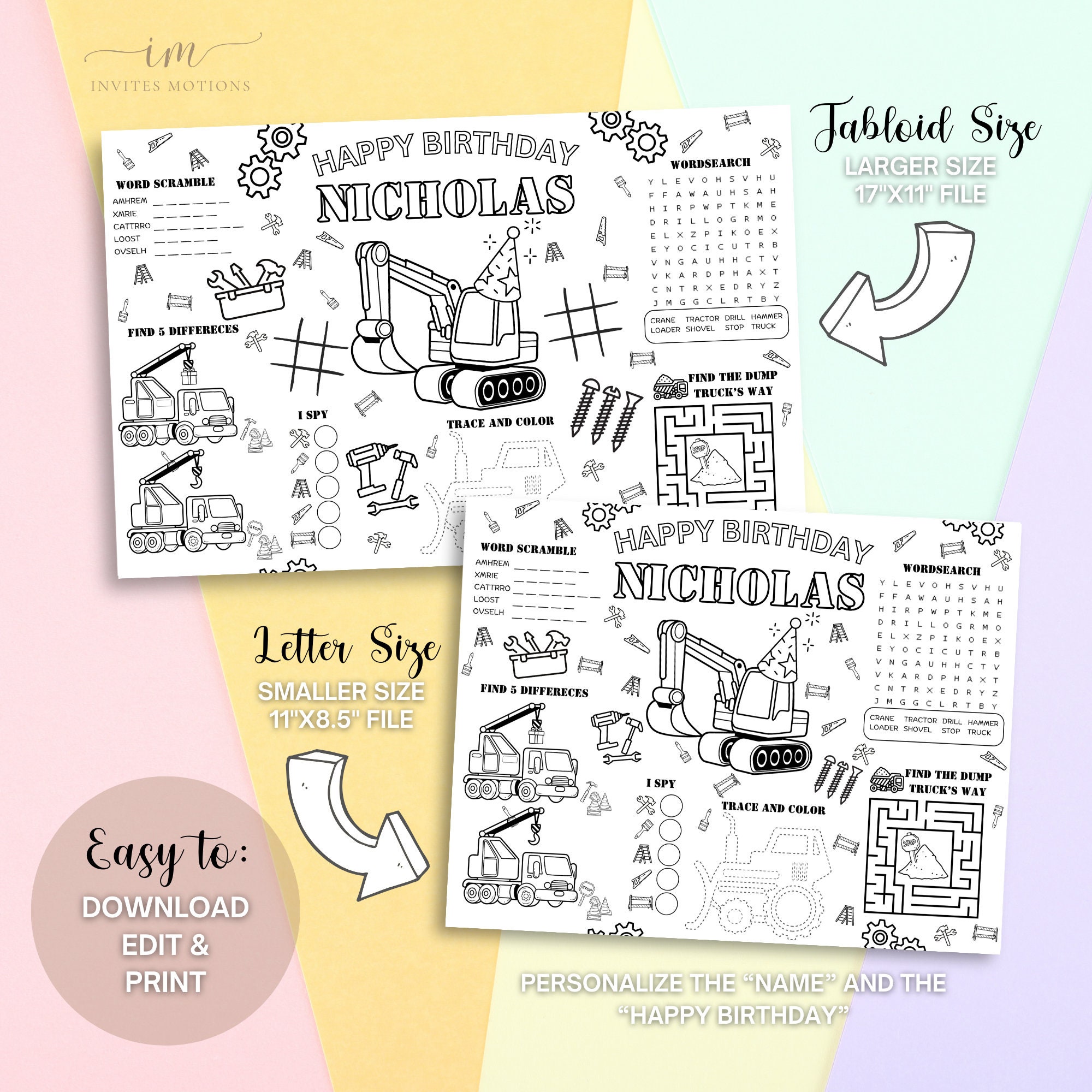 Editable Construction Birthday Coloring Placemat Party Games Children ...
