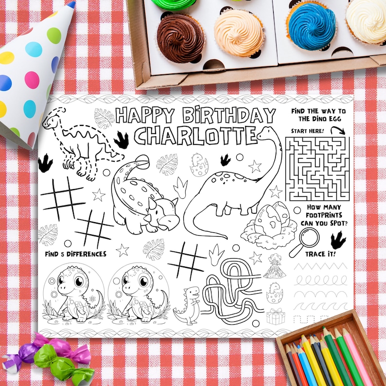 Dinosaur Birthday Coloring Placemat Party Games Children Activity Dino ...