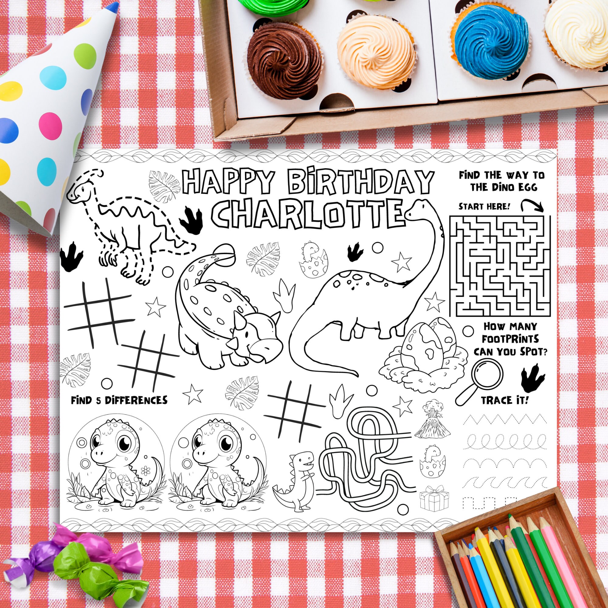 Dinosaur Birthday Coloring Placemat Party Games Children Activity Dino ...