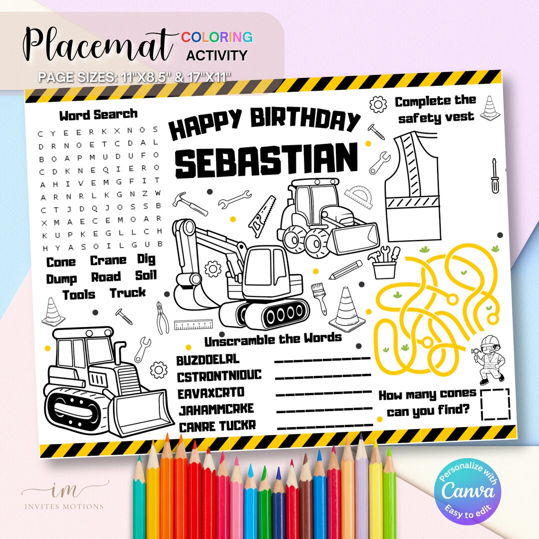 Editable Construction Birthday Coloring Placemat, Excavator Placemats ...