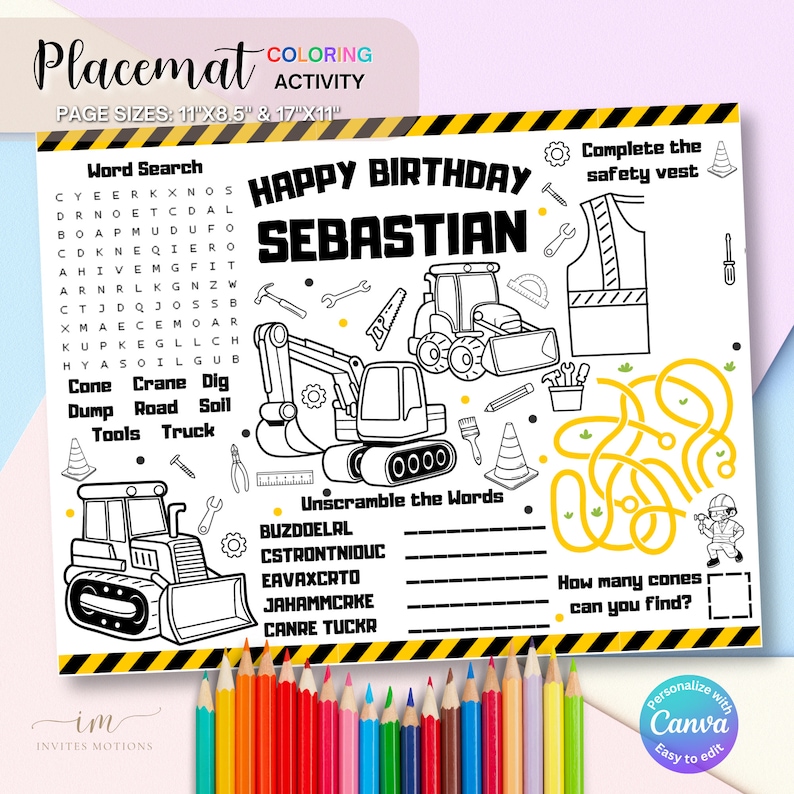 Editable Construction Birthday Coloring Placemat, Excavator Placemats ...