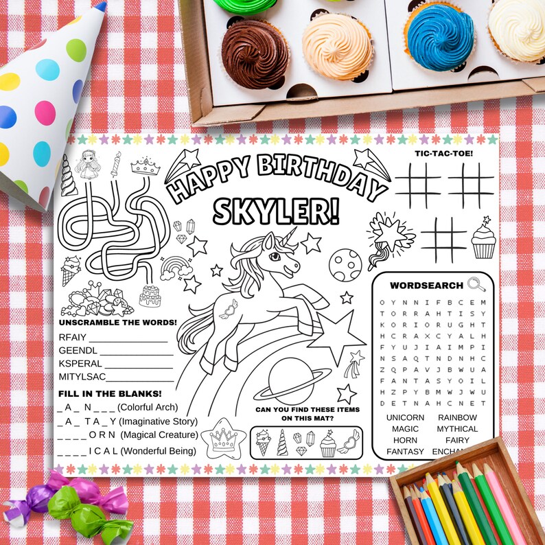 Unicorn Birthday Coloring Placemat Party Games Children Activity ...