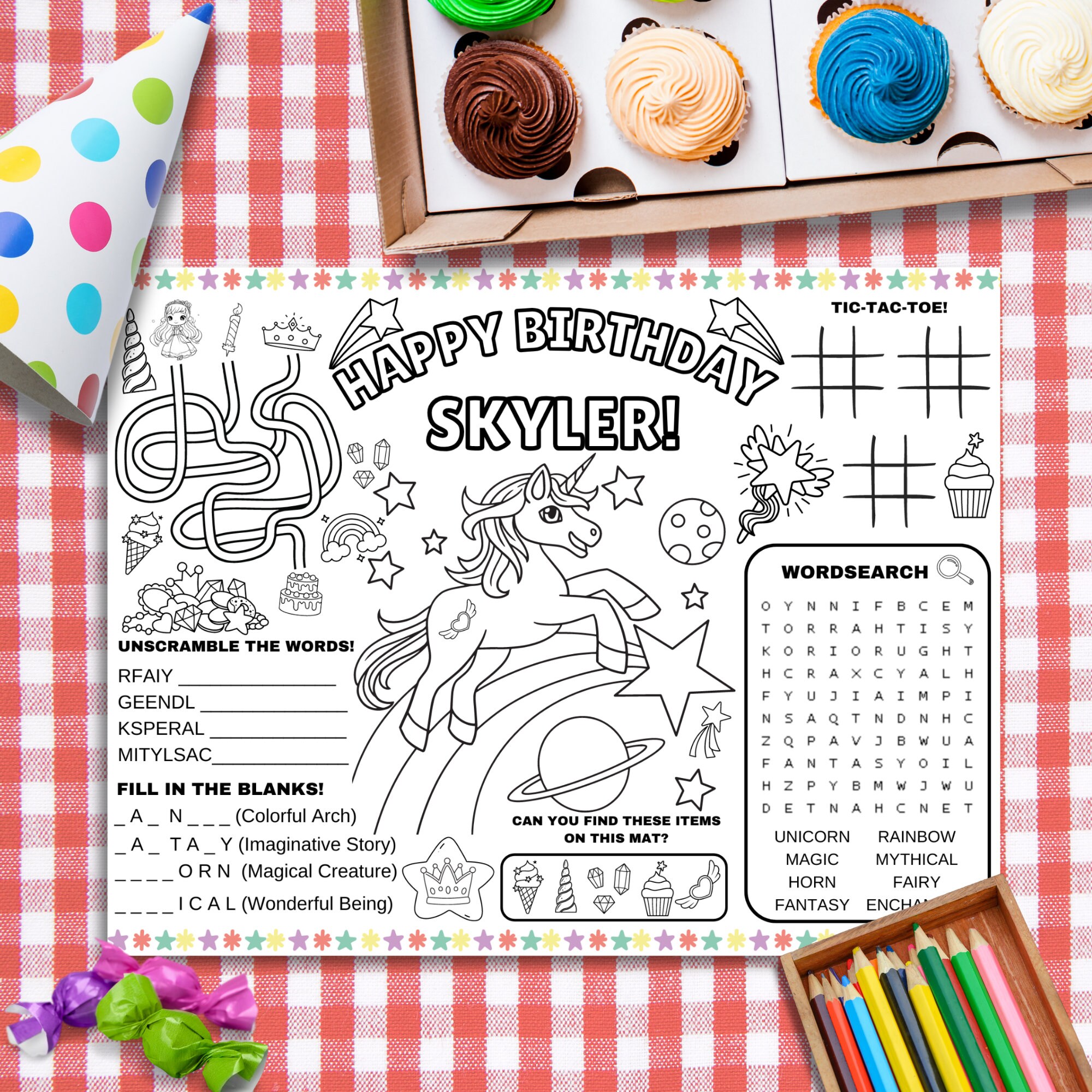Unicorn Birthday Coloring Placemat Party Games Children Activity ...