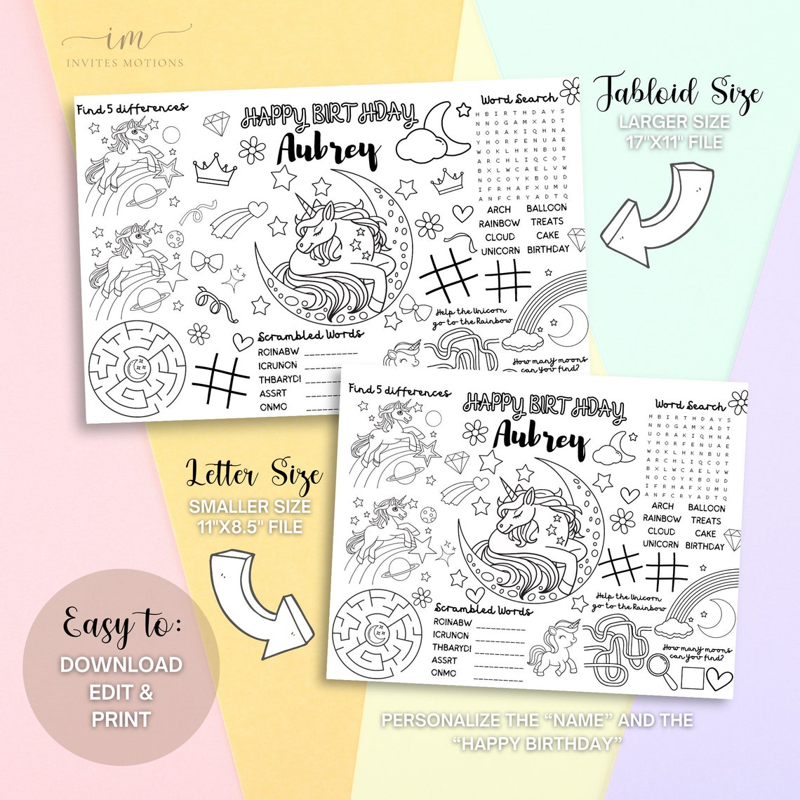 Unicorn Birthday Coloring Placemat Party Games Children Activity ...