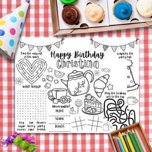 Tea Party Birthday Coloring Placemat Party Games Children Activity Tea ...