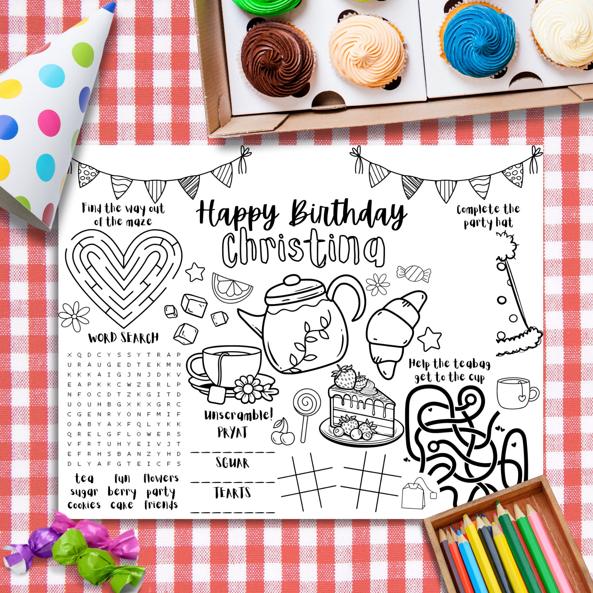 Tea Party Birthday Coloring Placemat Party Games Children Activity Tea ...