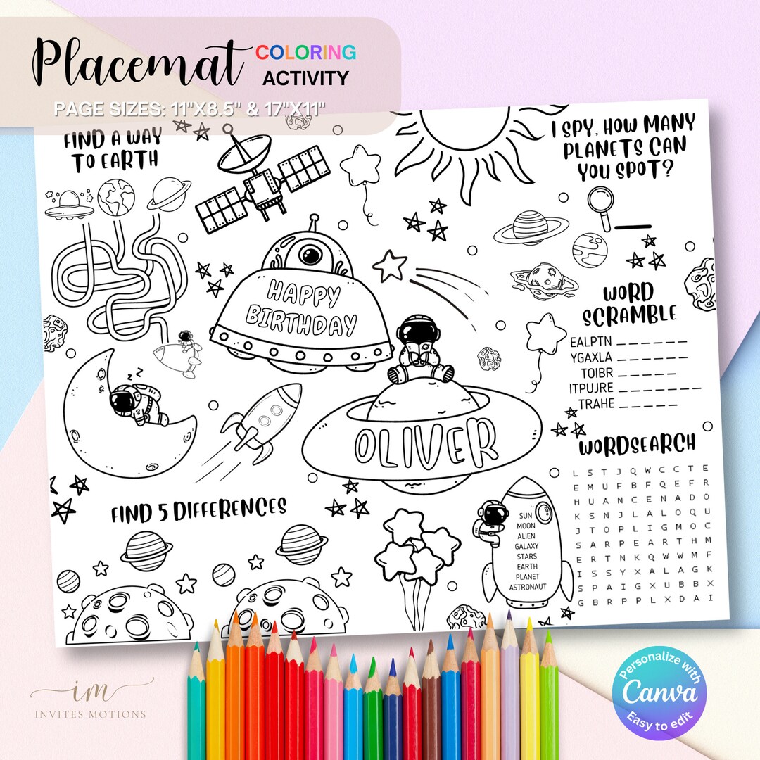 Astronaut Birthday Coloring Placemat Party Games Children Activity ...