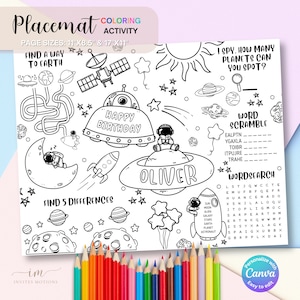 Astronaut Birthday Coloring Placemat: Outer Space Party Game (printable ...