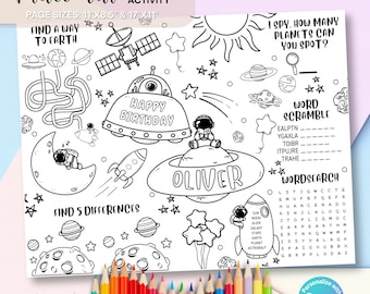 Astronaut Birthday Coloring Placemat: Outer Space Party Game (printable ...