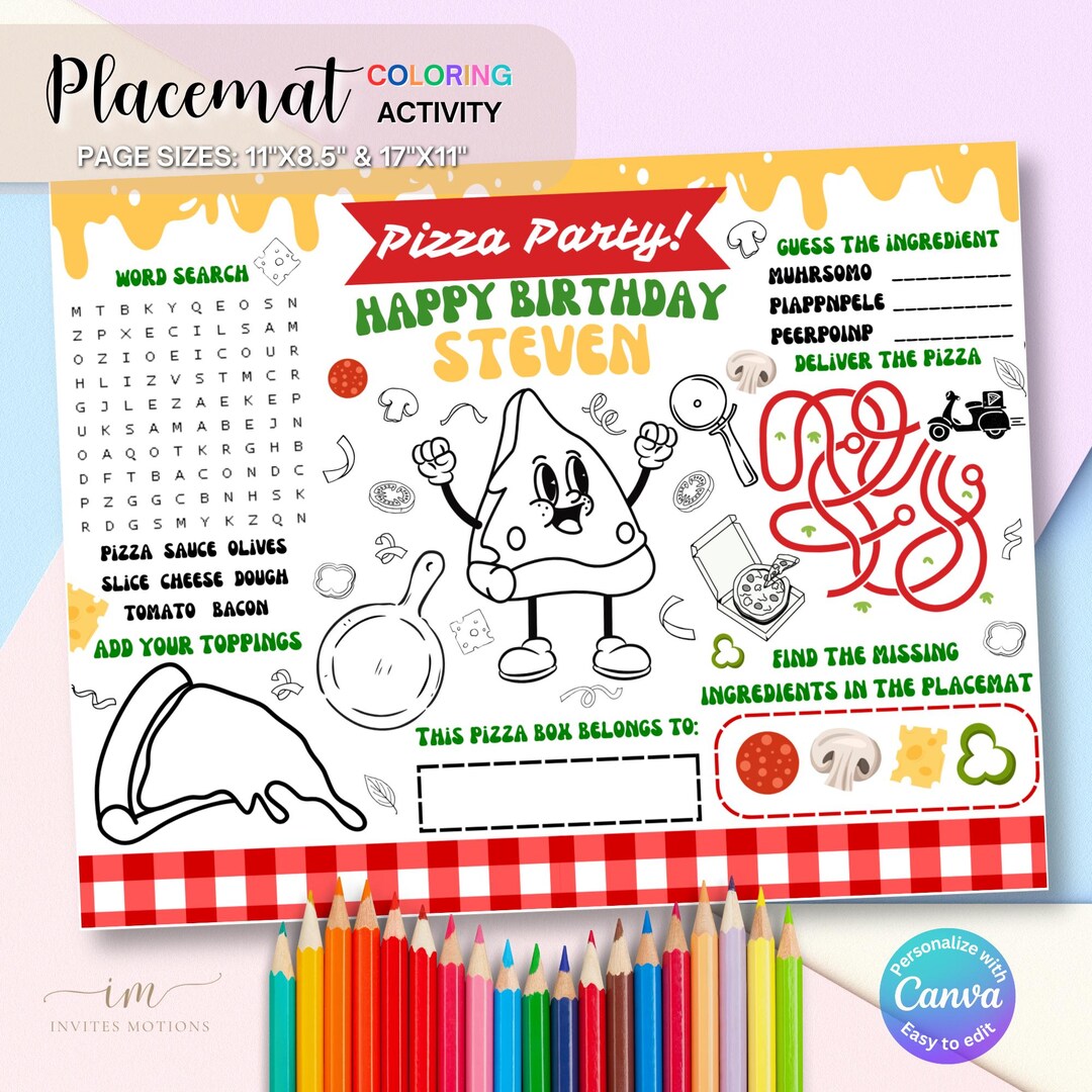 Pizza Party Coloring Page Placemat, Pizza Party Mat, Editable Pizza ...