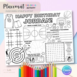 Basketball Birthday Coloring Placemat Party Children Activity ...