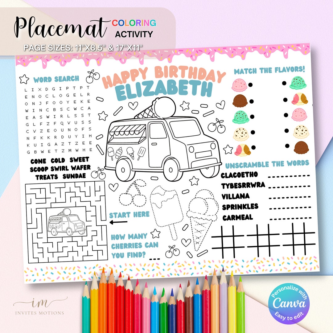 Ice Cream Birthday Coloring Placemat, Ice Cream Truck Party Mat ...
