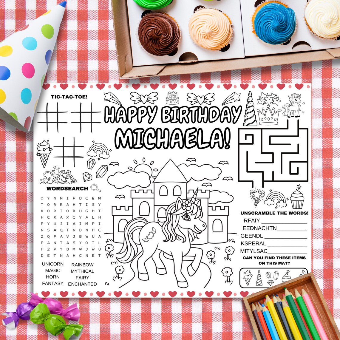 Unicorn Coloring Placemat Party Children Activity Unicorn Birthday ...