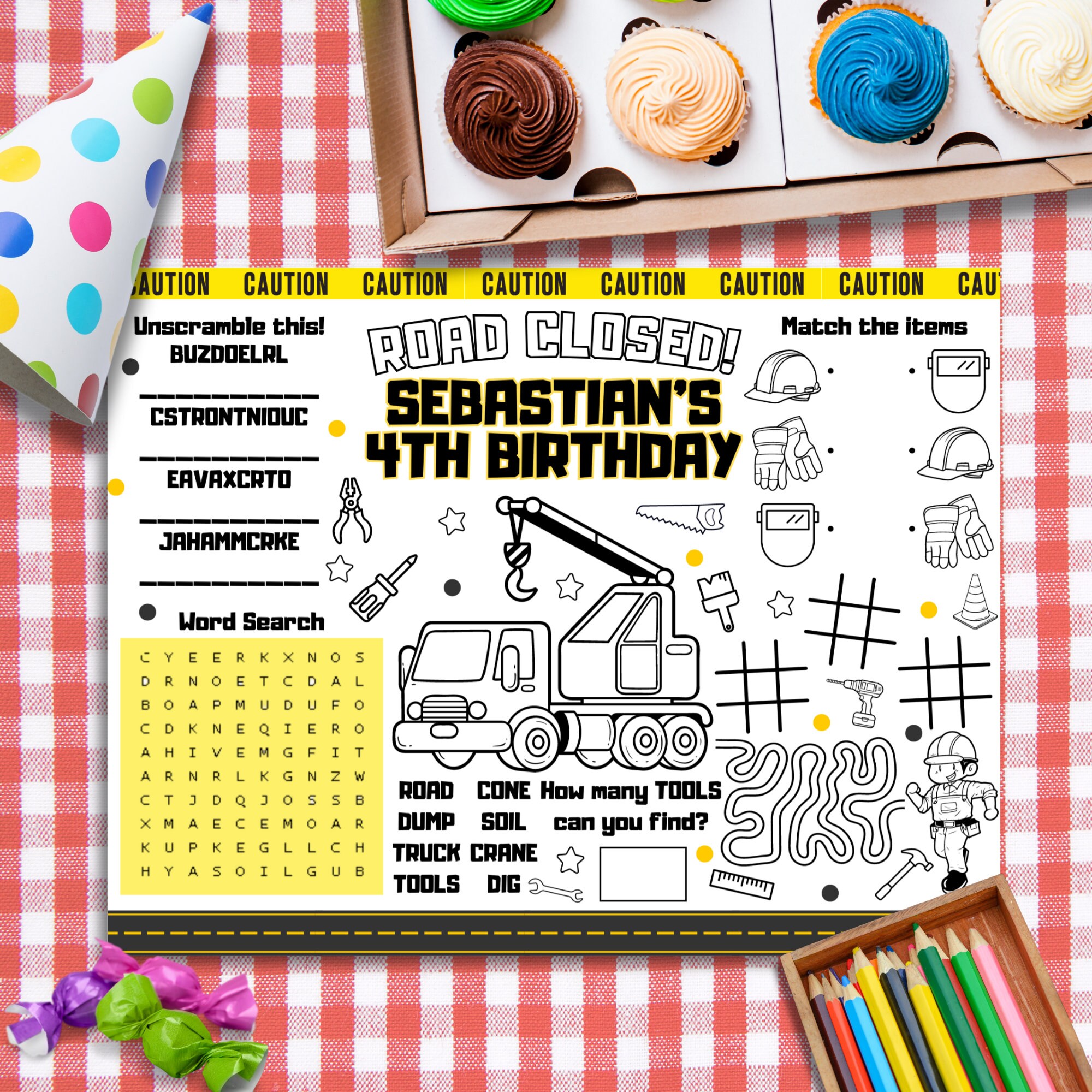 Editable Construction Birthday Coloring Placemat, Excavator Placemats ...