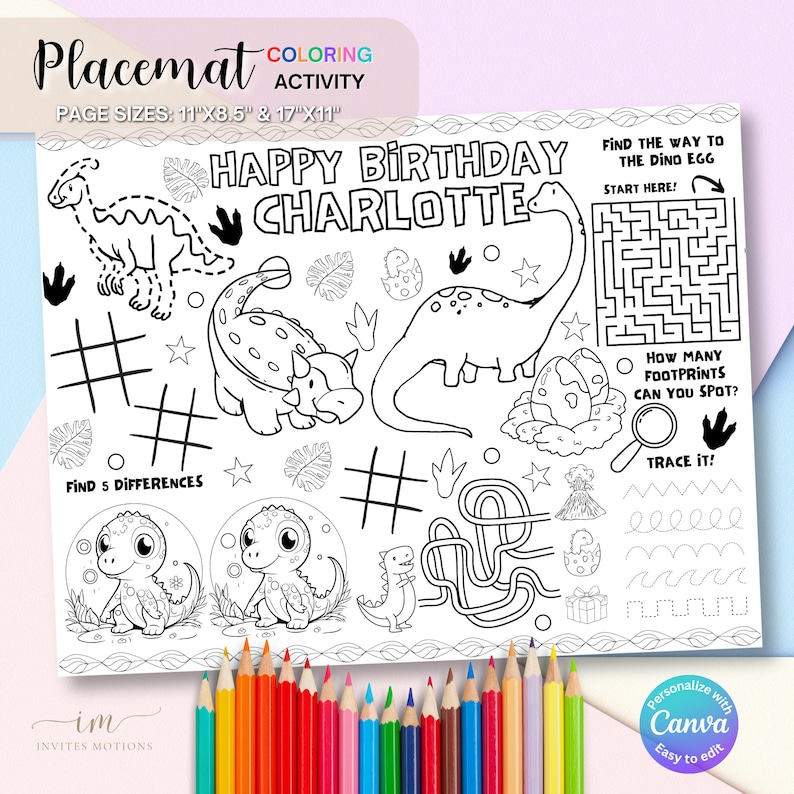 Dinosaur Birthday Coloring Placemat Party Games Children Activity Dino ...