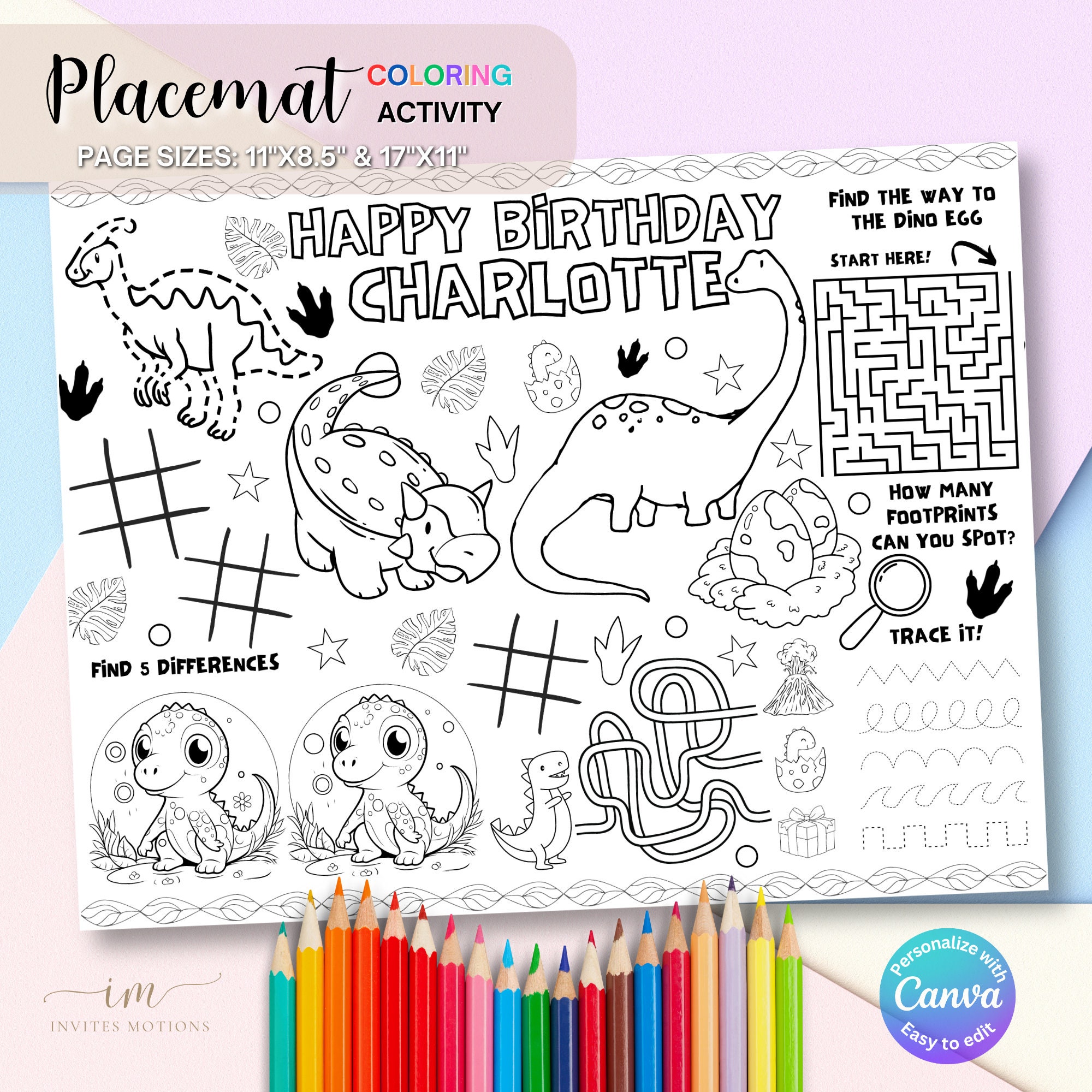 Dinosaur Birthday Coloring Placemat Party Games Children Activity Dino ...