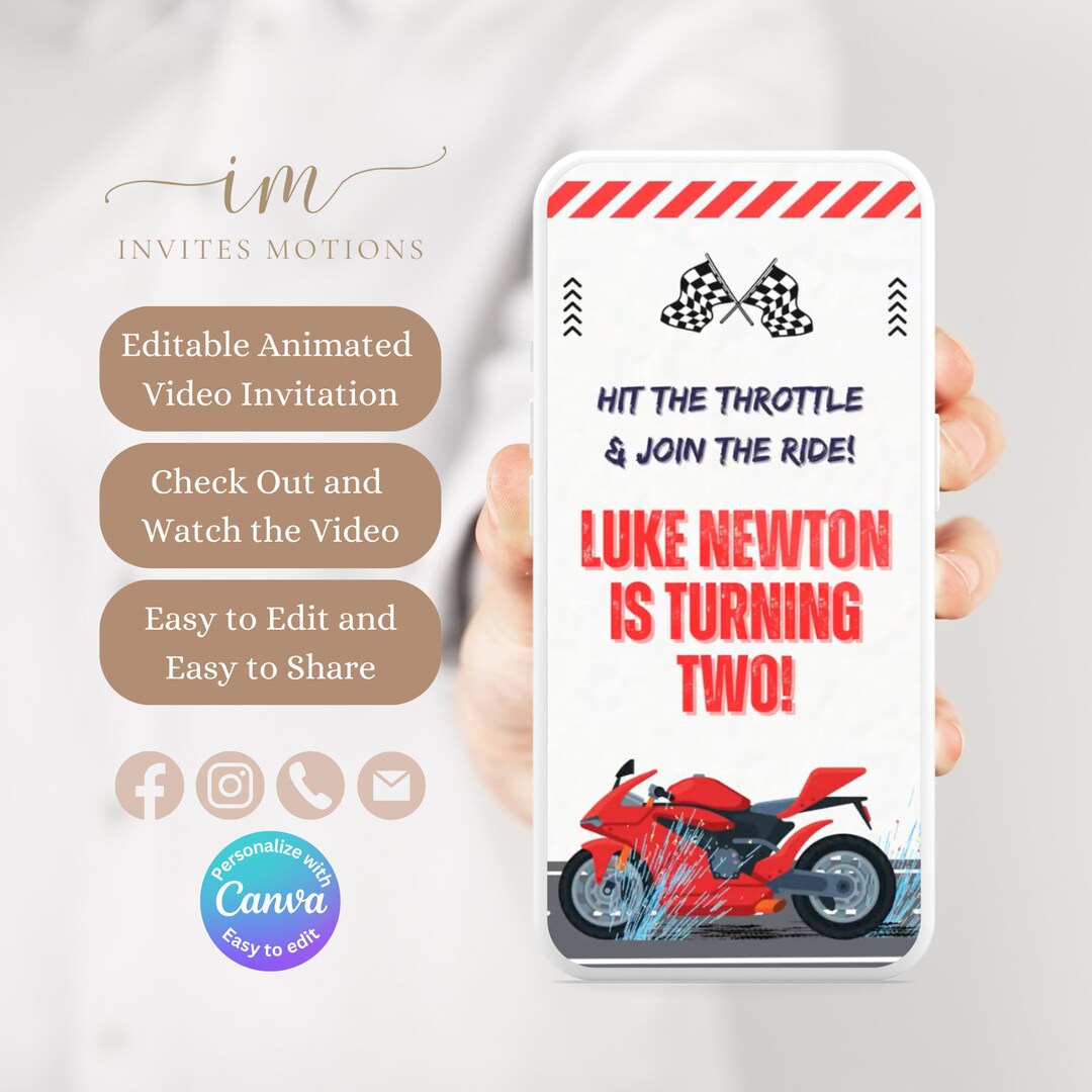 Editable Motorbike Birthday Invitation, Motorcycle Party Animated ...