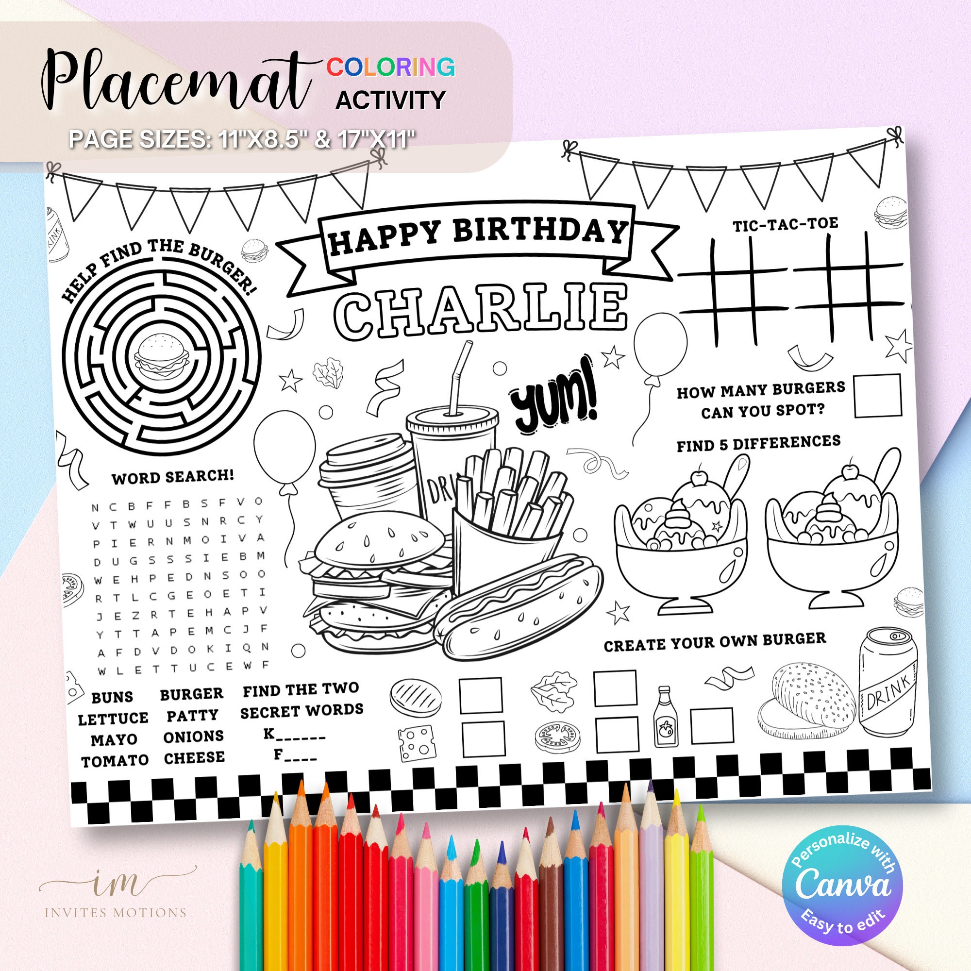 Burger Party Birthday Coloring Placemat Party Games Children Activity ...