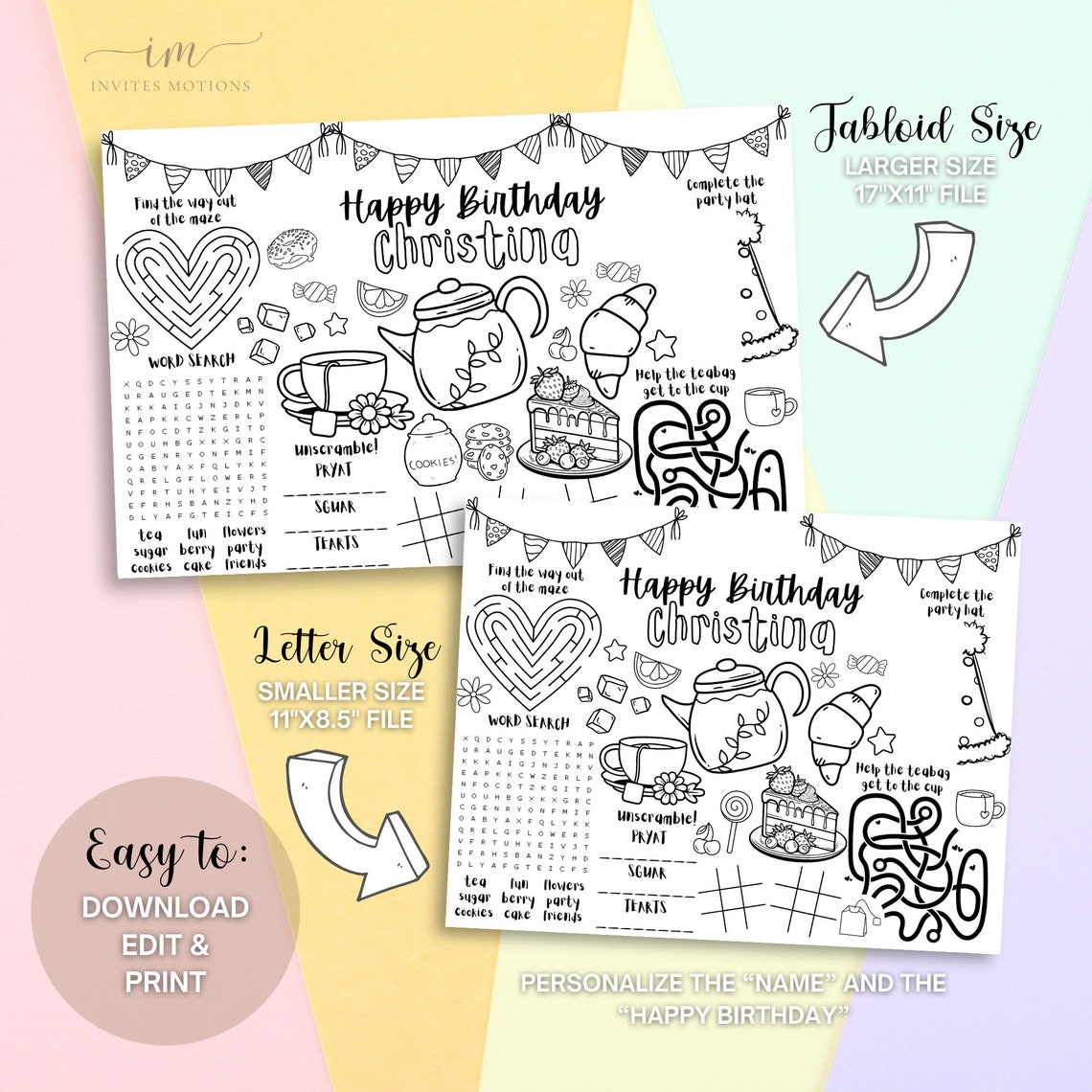 Tea Party Birthday Coloring Placemat Party Games Children Activity Tea ...