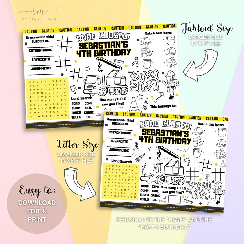 Editable Construction Birthday Coloring Placemat, Excavator Placemats ...