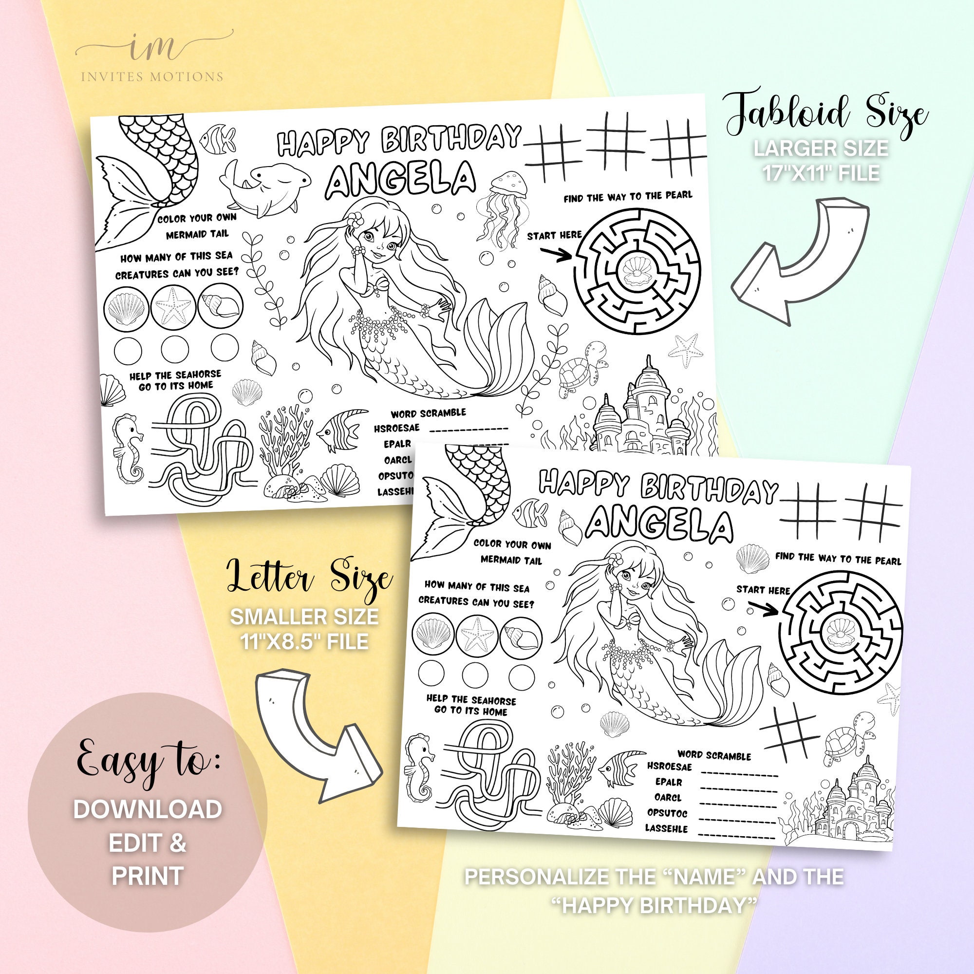 Mermaid Birthday Coloring Placemat Party Games Children Activity ...