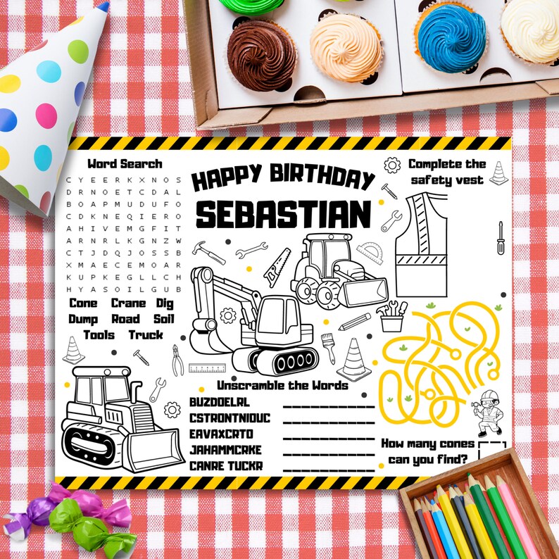 Editable Construction Birthday Coloring Placemat, Excavator Placemats ...