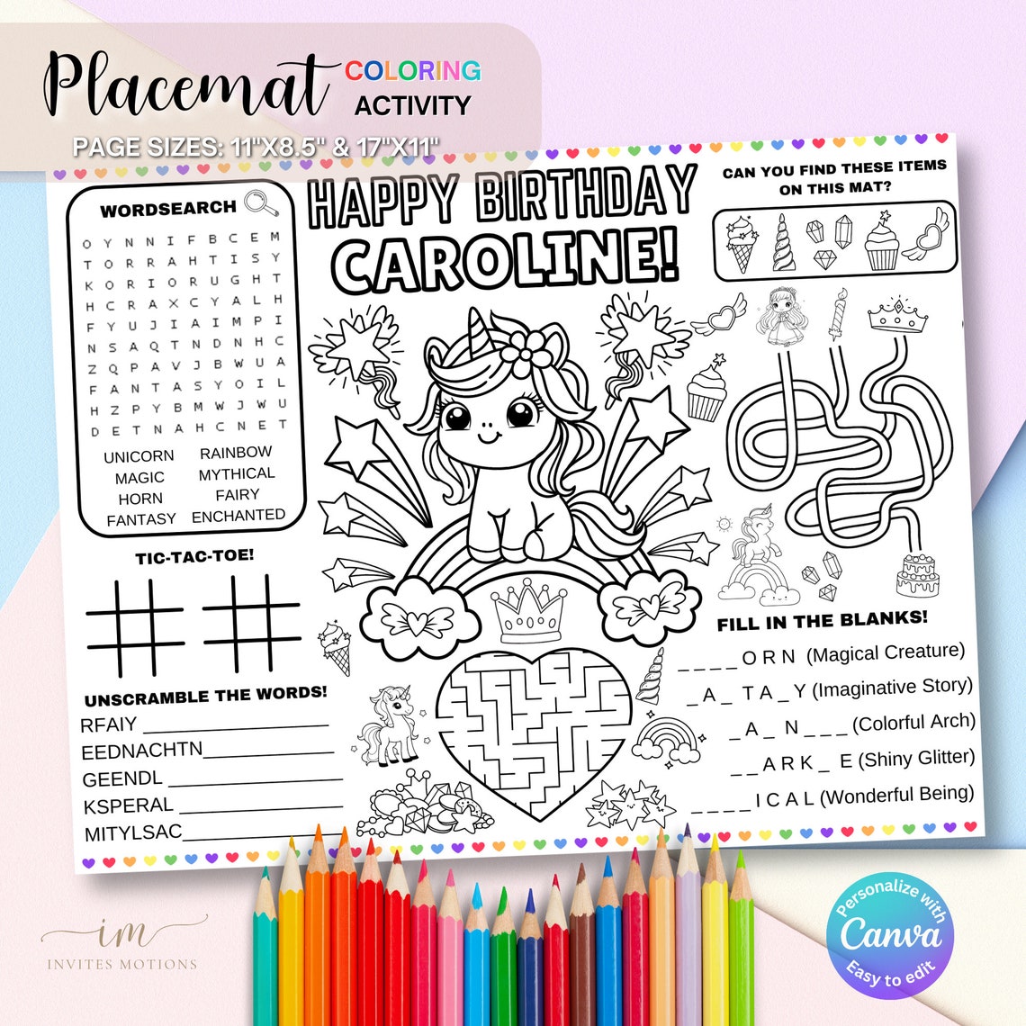 Unicorn Birthday Coloring Placemat Party Games Children Activity ...