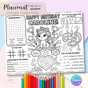 Editable Unicorn Birthday Coloring Placemat, Unicorn Placemats Color ...