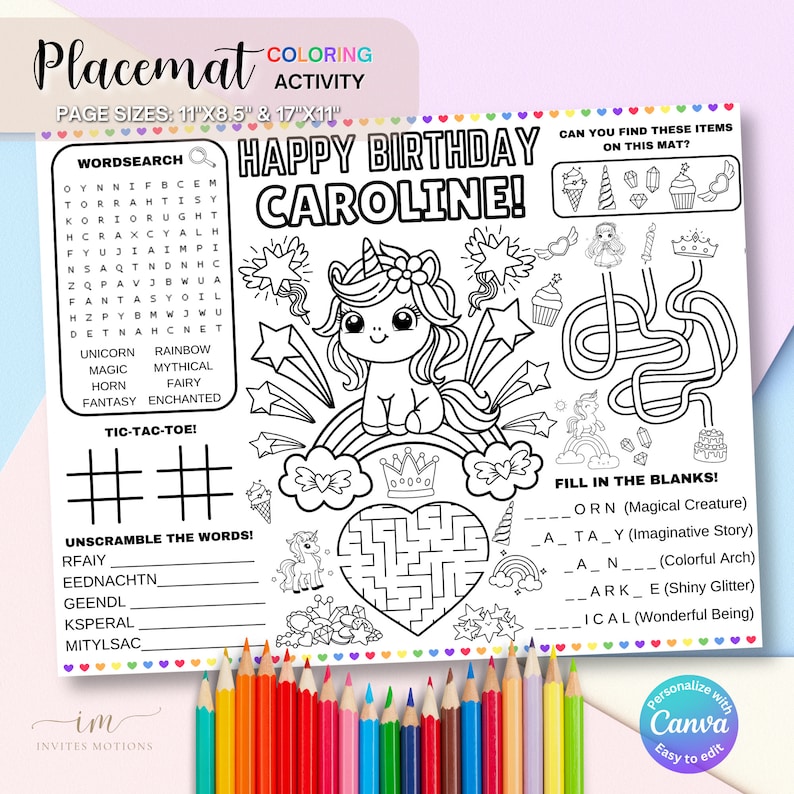 Editable Unicorn Birthday Coloring Placemat, Unicorn Placemats Color ...