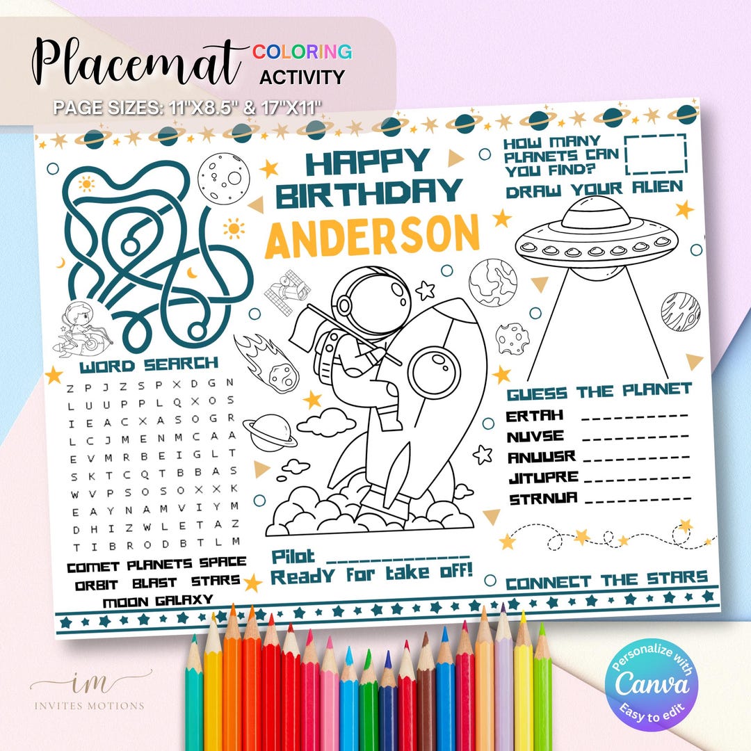Outer Space Coloring Page Placemat, Astronaut Party Mat, Editable Outer ...