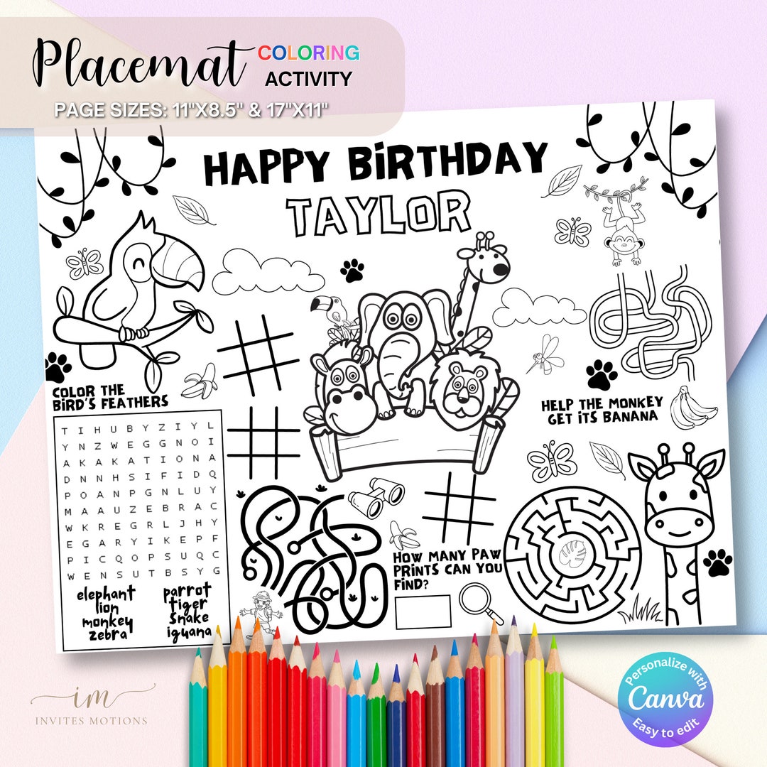 Safari Birthday Coloring Placemat Party Children Activity Safari ...