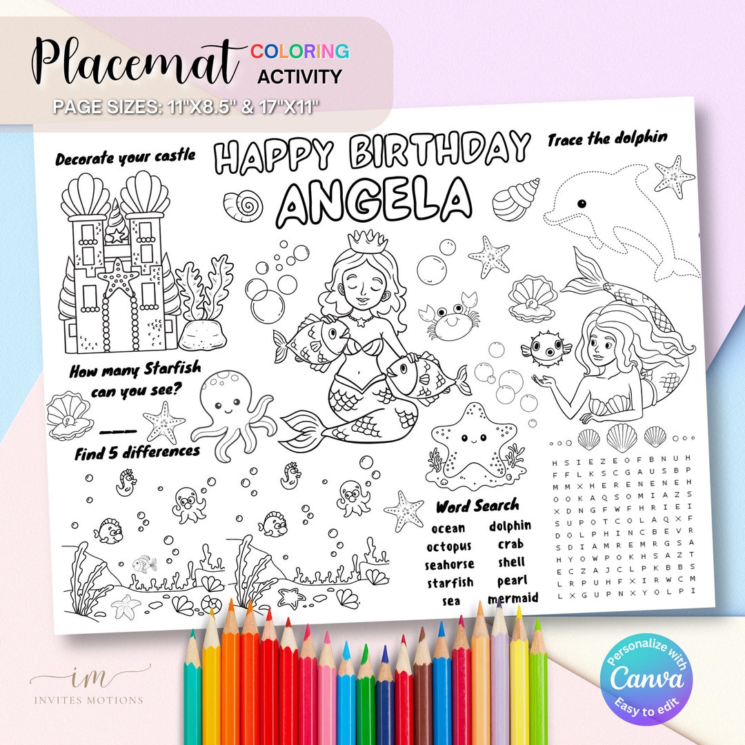 Editable Mermaid Birthday Coloring Placemat Party Games Children ...