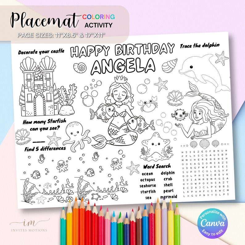 Editable Mermaid Birthday Coloring Placemat Party Games Children ...