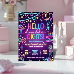 Hello Double Digits 10th Birthday Party Invitation Neon Glow Party ...