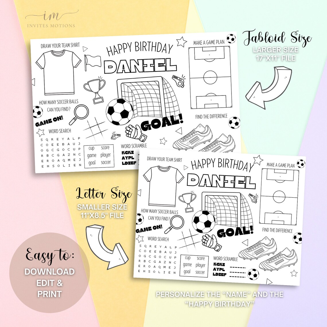 Soccer Birthday Coloring Placemat Party Games Children Activity ...
