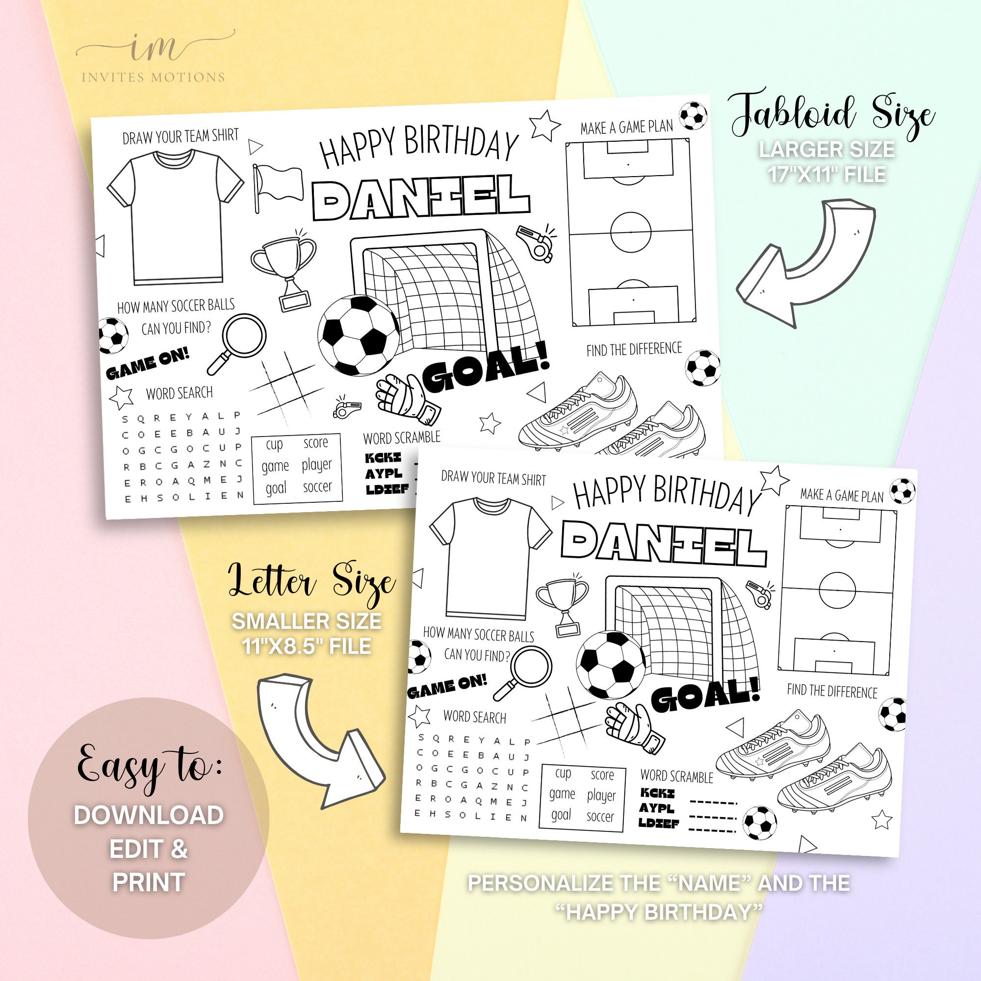 Soccer Birthday Coloring Placemat Party Games Children Activity ...
