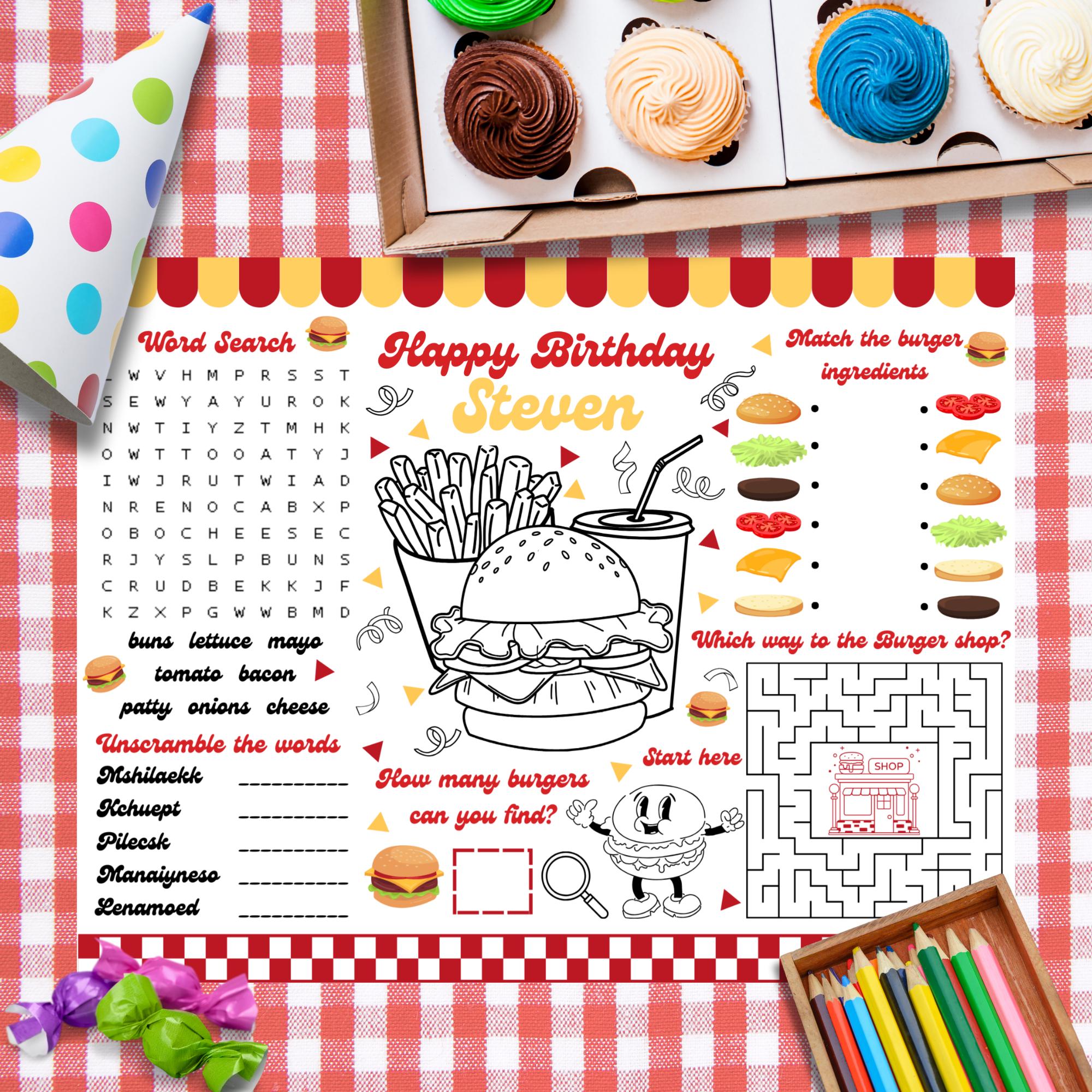 Burger Party Coloring Page Placemat, Burger Party Mat, Editable Burger ...