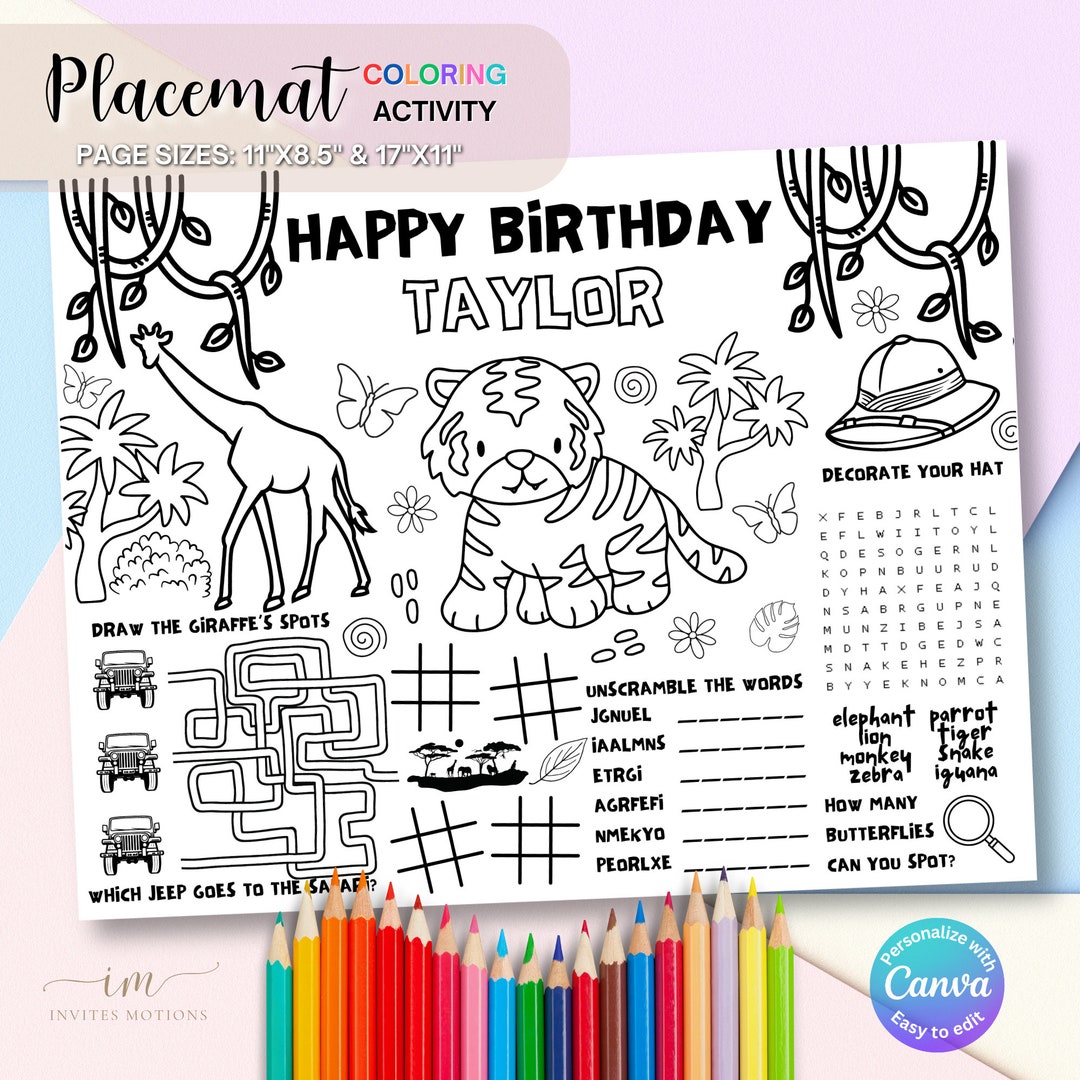 Safari Birthday Coloring Placemat Party Games Children Activity Safari ...