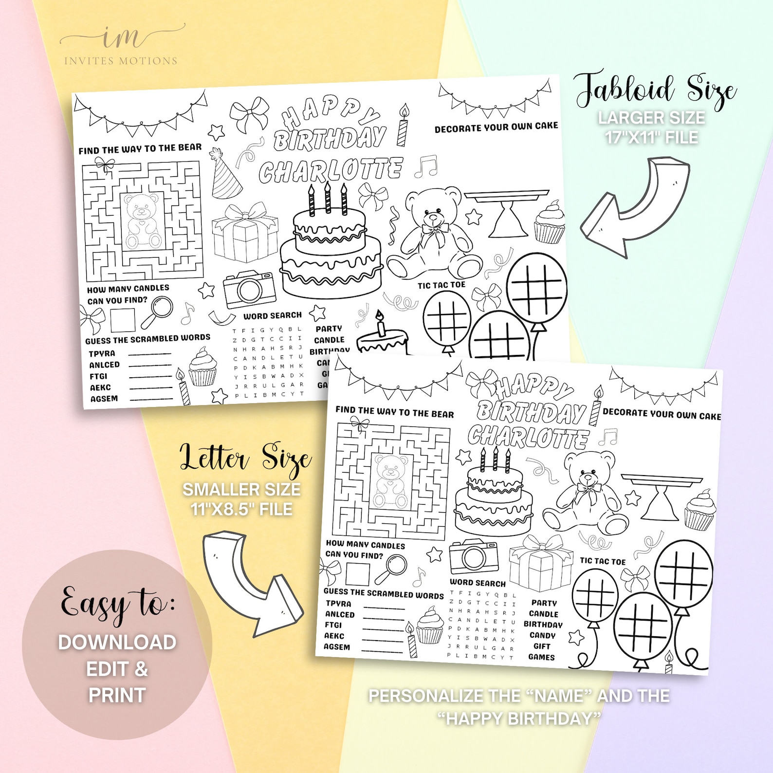 Birthday Cake Coloring Placemat Party Games Children Activity Birthday ...