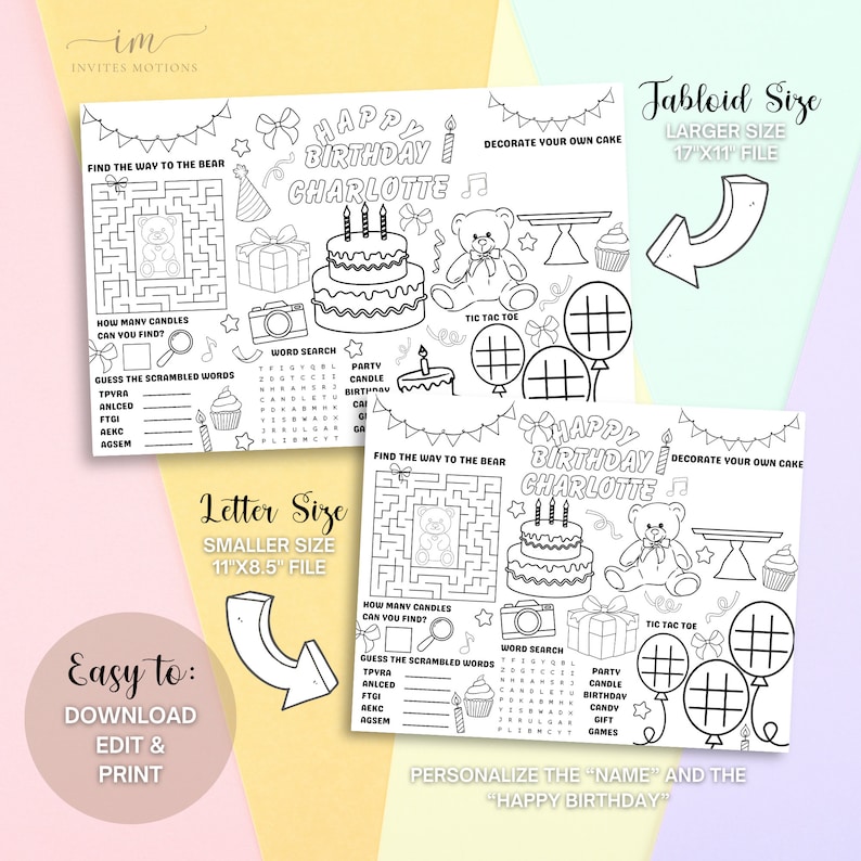 Birthday Cake Coloring Placemat Party Games Children Activity Birthday ...